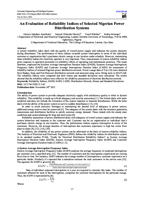 (PDF) An Evaluation of Reliability Indices of Selected Nigerian Power Distribution Systems