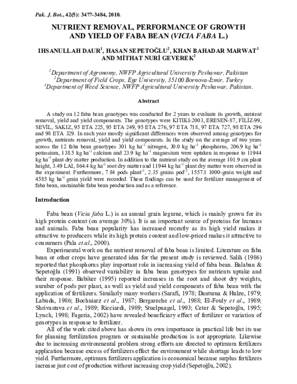 (PDF) Nutrient removal, performance of growth and yield of faba bean (Vicia faba L.)