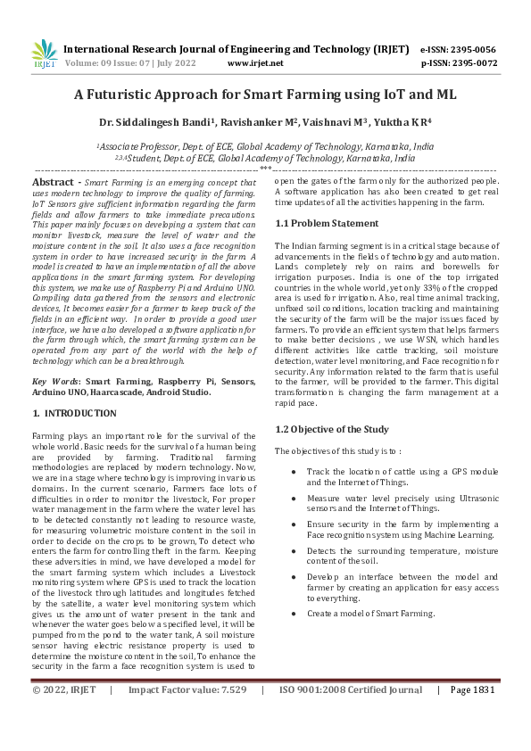 (PDF) A Futuristic Approach for Smart Farming using IoT and ML