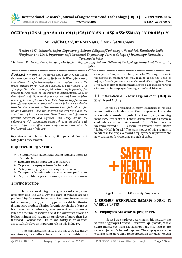 (PDF) OCCUPATIONAL HAZARD IDENTIFICATION AND RISK ASSESSMENT IN INDUSTRY
