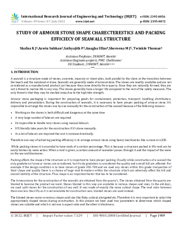 (PDF) STUDY OF ARMOUR STONE SHAPE CHARECTERESTICS AND PACKING EFFICIECY OF SEAWALL STRUCTURE