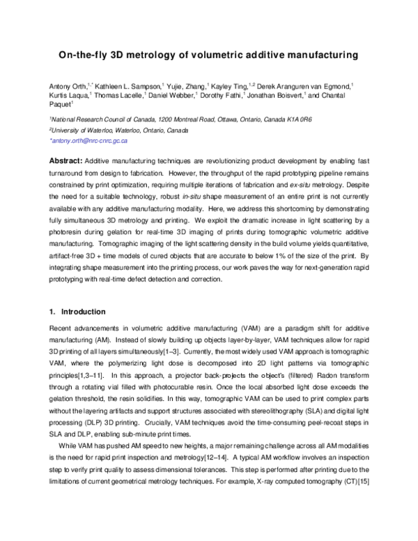 (PDF) On-the-fly 3D metrology of volumetric additive manufacturing