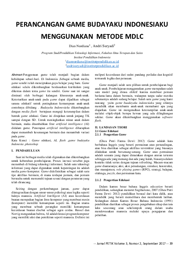 (PDF) Perancangan Game Budayaku Indonesiaku Menggunakan Metode MDLC