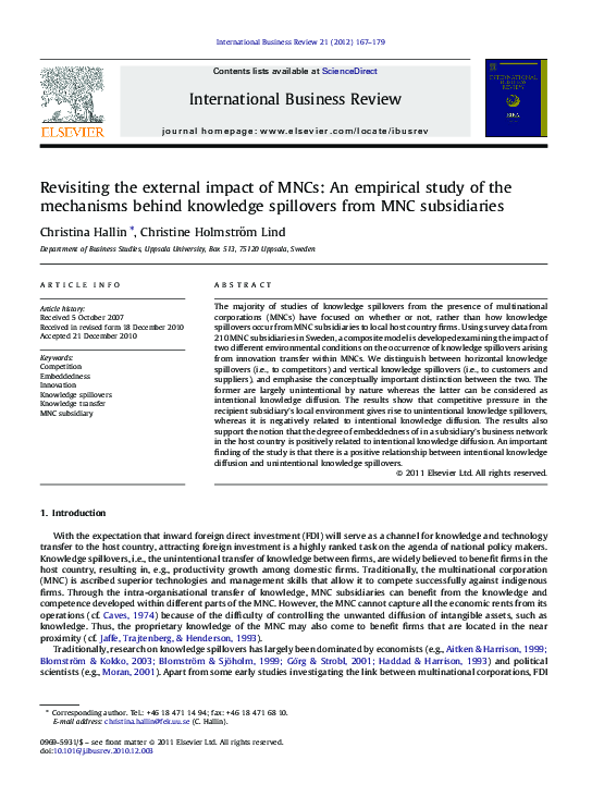 (PDF) Mechanisms of MNC Knowledge Spillovers