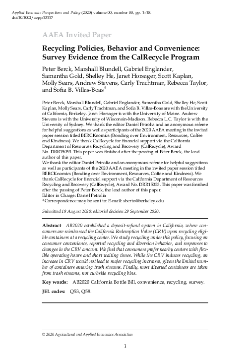 (PDF) Recycling Policies, Behavior and Convenience: Survey Evidence ...