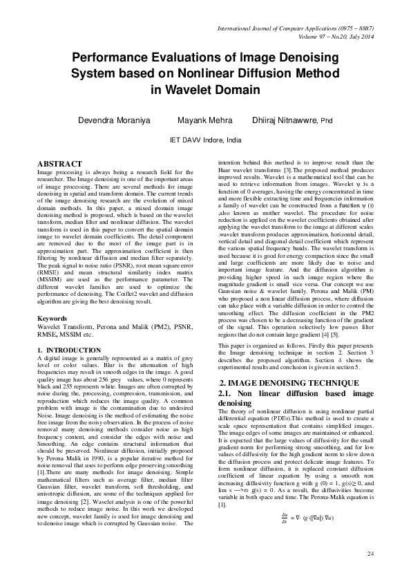 Pdf Performance Evaluations Of Image Denoising System Based On Nonlinear Diffusion Method In