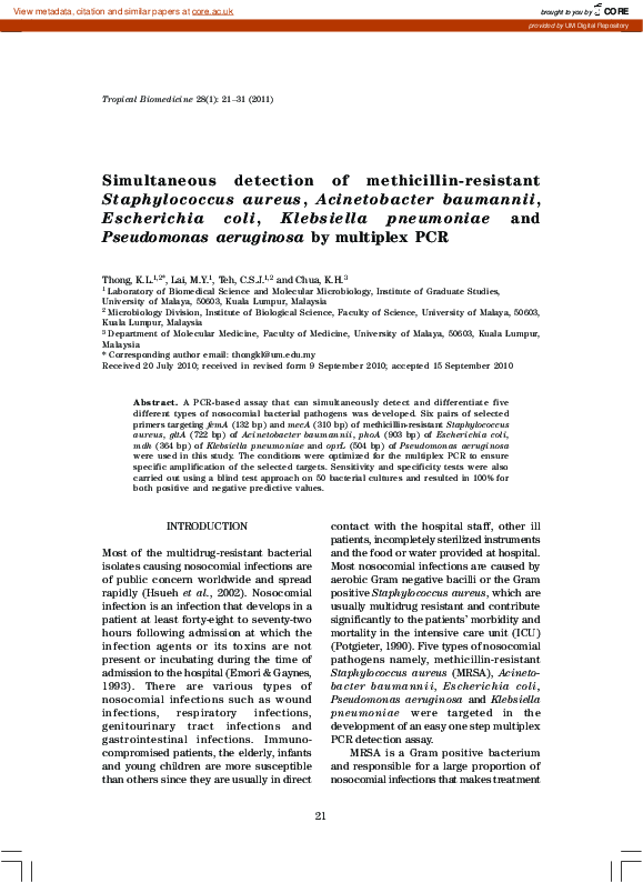 Pdf Simultaneous Detection Of Methicillin Resistant Staphylococcus