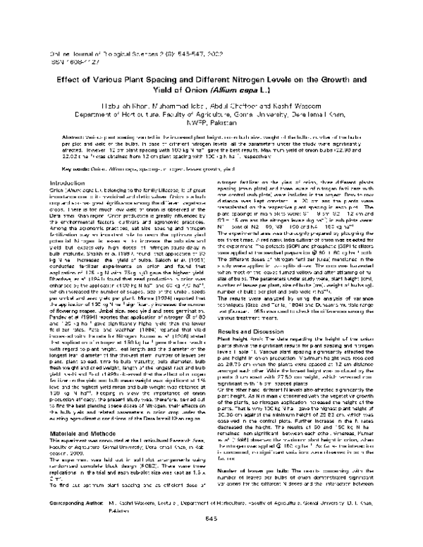(PDF) Effect of Various Plant Spacing and Different Nitrogen Levels on the Growth and Yield of ...