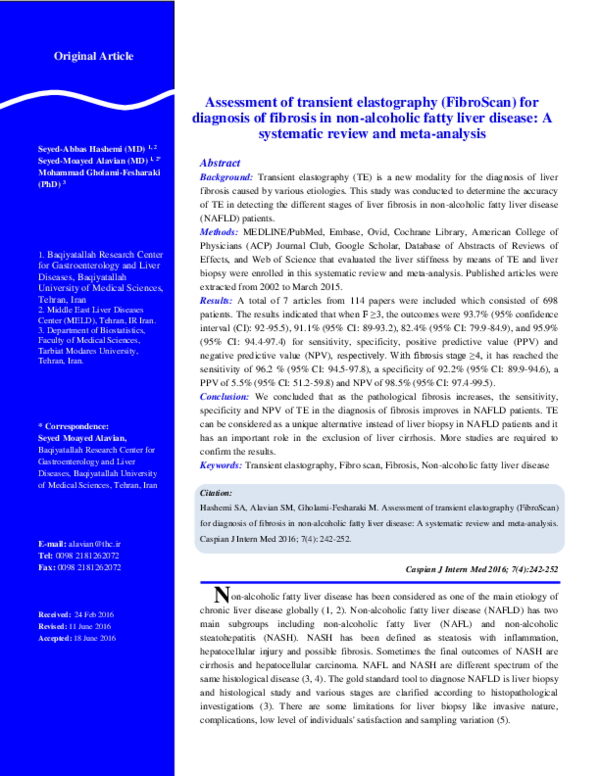 (PDF) Assessment of transient elastography (FibroScan) for diagnosis of fibrosis in non ...