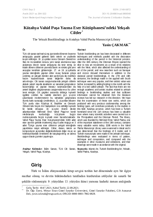 (PDF) Vahid Paşa Yazma Eser Kütüphanesi’ndeki Yekşah Ciltler
