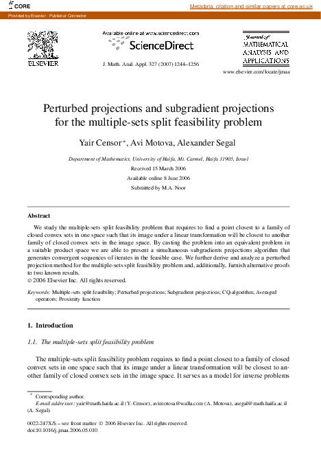 Pdf Perturbed Projections And Subgradient Projections For The Multiple Sets Split Feasibility 