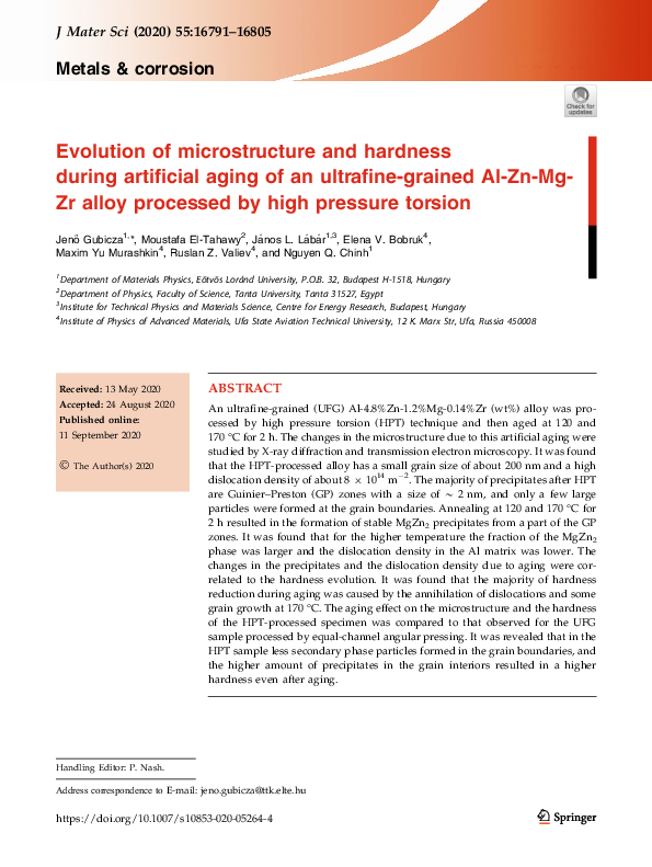 (PDF) Evolution of microstructure and hardness during artificial aging of an ultrafine-grained ...
