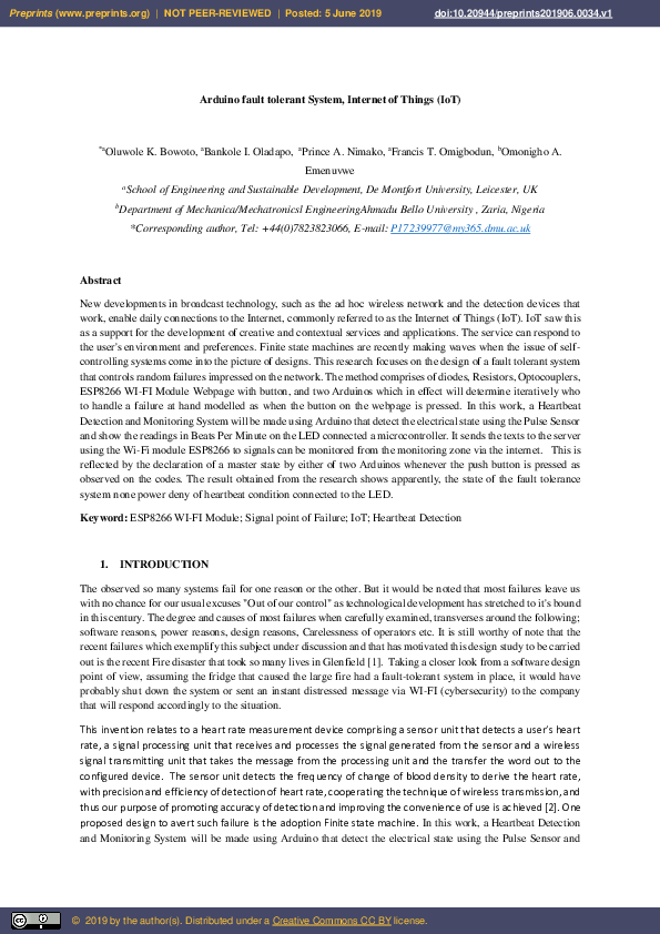 Pdf Arduino Fault Tolerant System Internet Of Things Iot