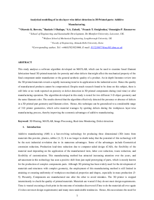 Pdf Analytical Modelling Of In Situ Layer Wise Defect Detection In 3d Printed Parts Additive