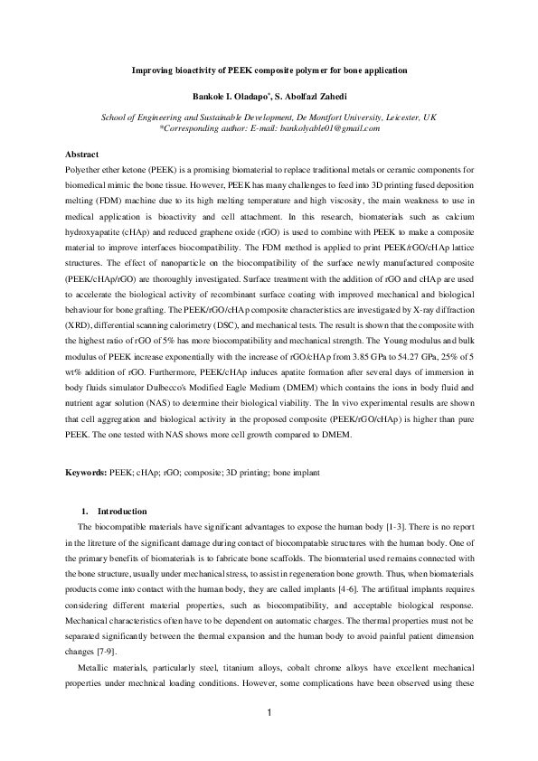 (PDF) Improving bioactivity and strength of PEEK composite polymer for bone application