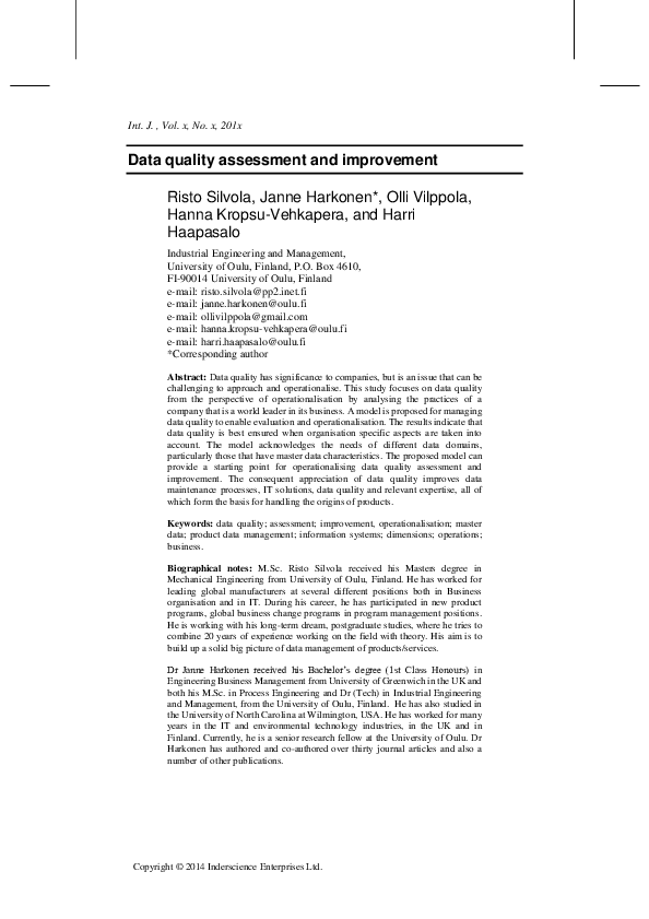 (PDF) Data quality assessment and improvement