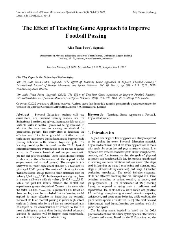 (PDF) The Effect of Teaching Game Approach to Improve Football Passing