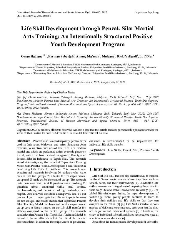 (PDF) Life Skill Development through Pencak Silat Martial Arts Training: An Intentionally ...