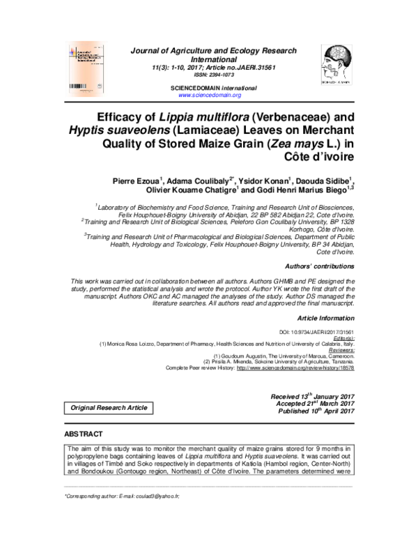 (PDF) Efficacy of Lippia multiflora (Verbenaceae) and Hyptis suaveolens ...