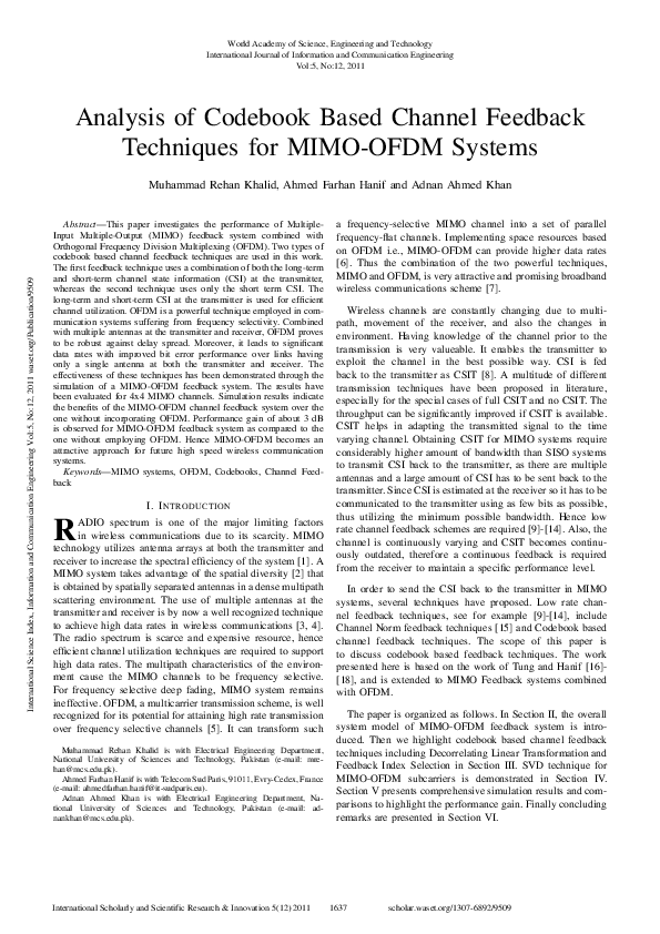 (PDF) Analysis Of Codebook Based Channel Feedback Techniques For Mimo-Ofdm Systems