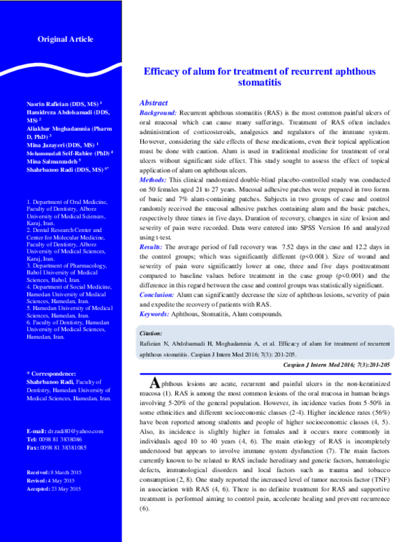 (PDF) Efficacy of alum for treatment of recurrent aphthous stomatitis
