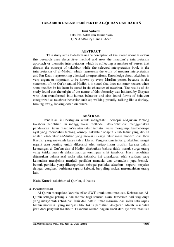 (PDF) Takabbur Dalam Perspektif Al-Quran Dan Hadits