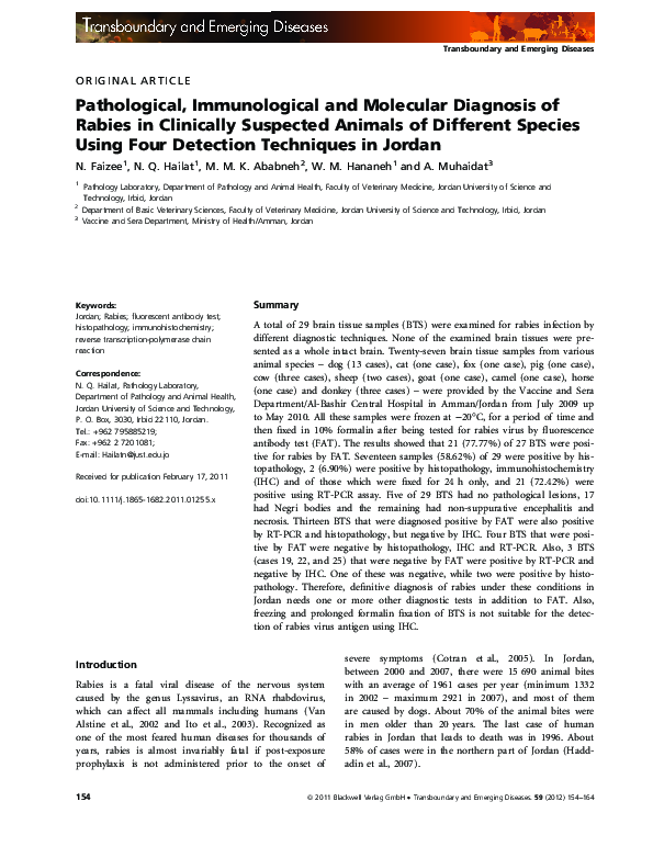 (PDF) Pathological, Immunological and Molecular Diagnosis of Rabies in ...