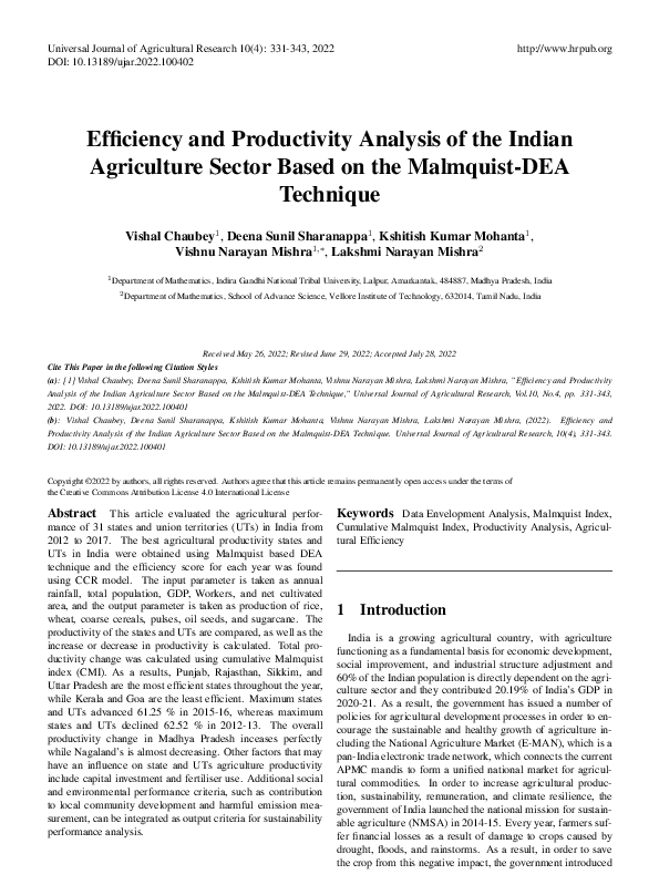 (PDF) Efficiency and Productivity Analysis of the Indian Agriculture Sector Based on the ...
