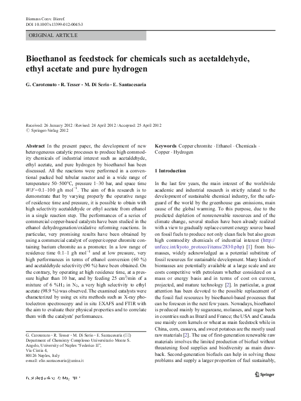 (PDF) Bioethanol as feedstock for chemicals such as acetaldehyde, ethyl ...