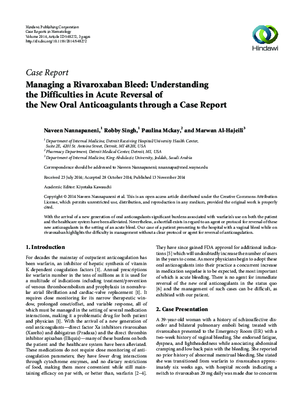 (PDF) Managing a Rivaroxaban Bleed: Understanding the Difficulties in ...