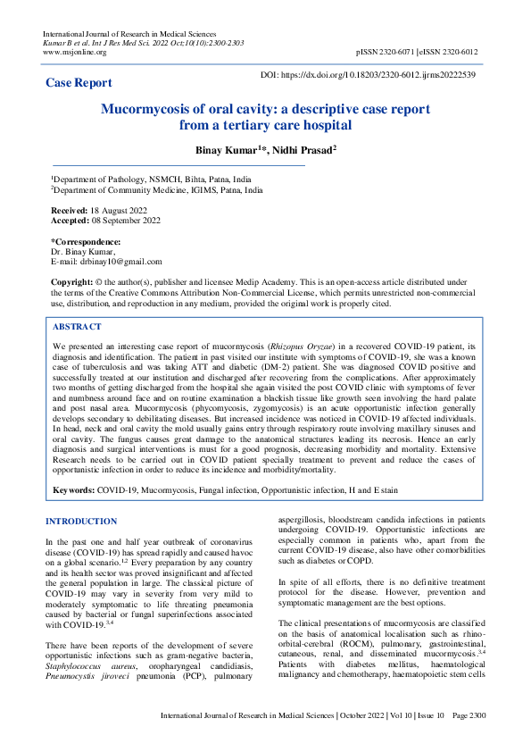(PDF) Mucormycosis of oral cavity: a descriptive case report from a ...