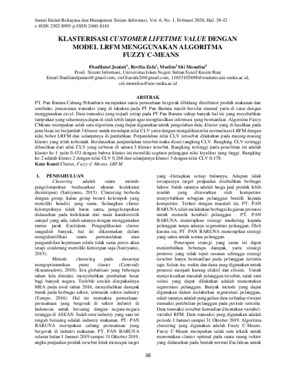(PDF) KLASTERISASI CUSTOMER LIFETIME VALUE DENGAN MODEL LRFM MENGGUNAKAN ALGORITMA Fuzzy C-Means