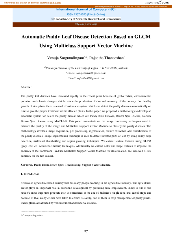Pdf Automatic Paddy Leaf Disease Detection Based On Glcm Using