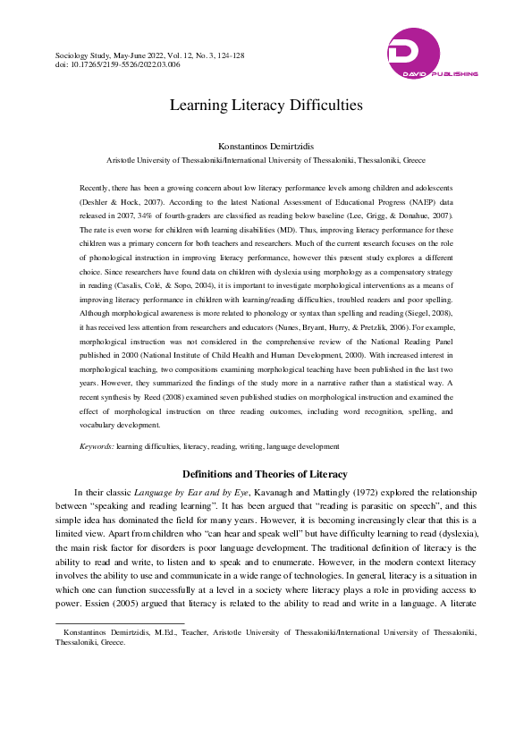 (PDF) Learning Literacy Difficulties