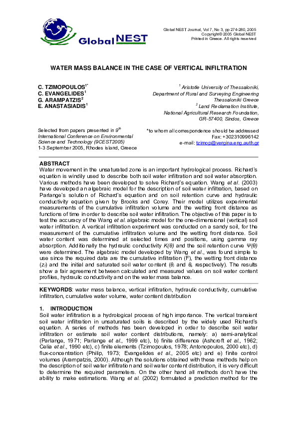 (PDF) Water mass balance in the case of vertical infiltration