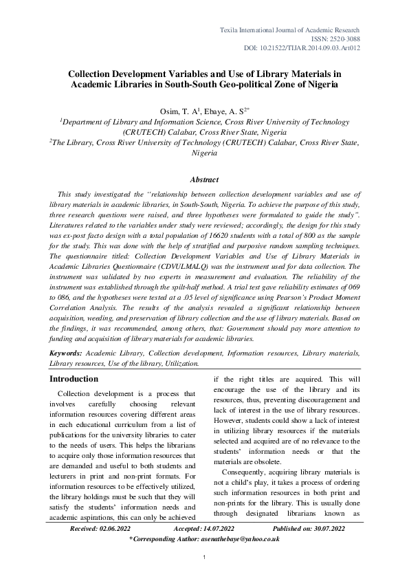 (PDF) Collection Development Variables and Use of Library Materials in ...