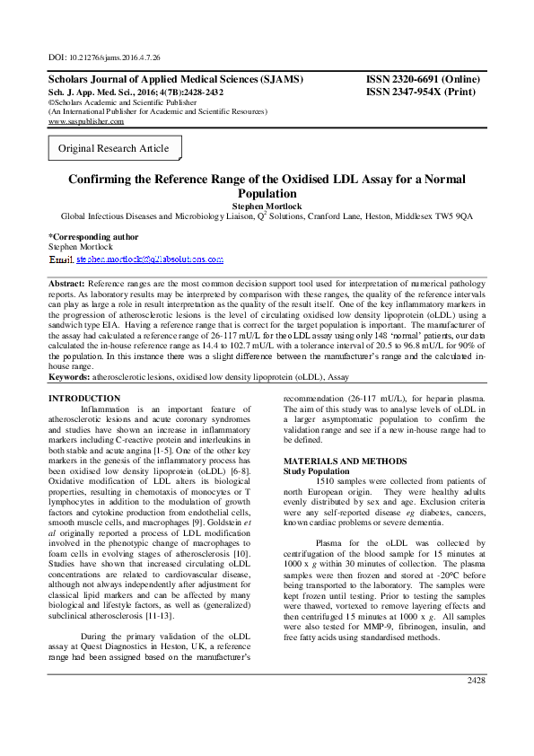 (PDF) Confirming the Reference Range of the Oxidised LDL Assay for a ...