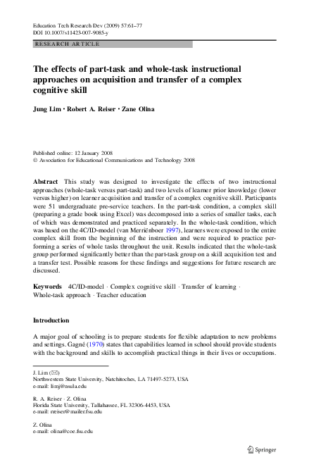 (PDF) The effects of part-task and whole-task instructional approaches ...