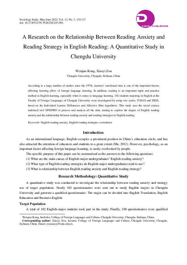 (PDF) A Research on the Relationship Between Reading Anxiety and Reading Strategy in English ...