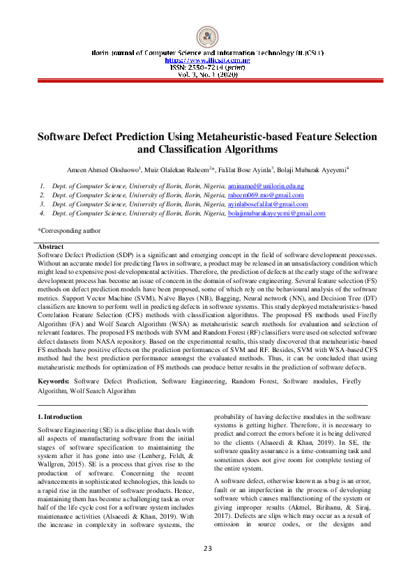 (PDF) Software Defect Prediction Using Metaheuristic Algorithms and Classification Techniques