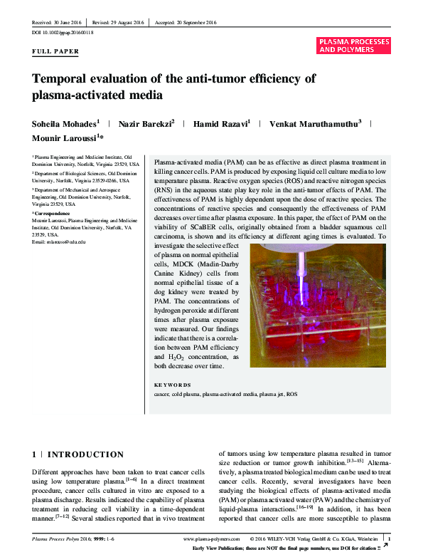 (PDF) Temporal evaluation of the anti-tumor efficiency of plasma-activated media