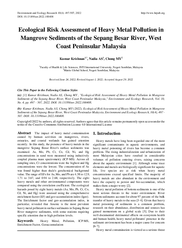(PDF) Ecological Risk Assessment of Heavy Metal Pollution in Mangrove ...