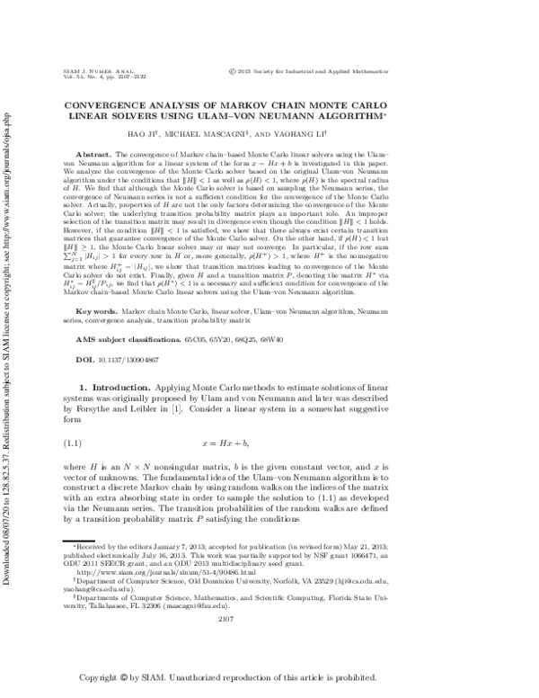 Pdf Convergence Of Mcmc Solvers With Ulam Algorithm