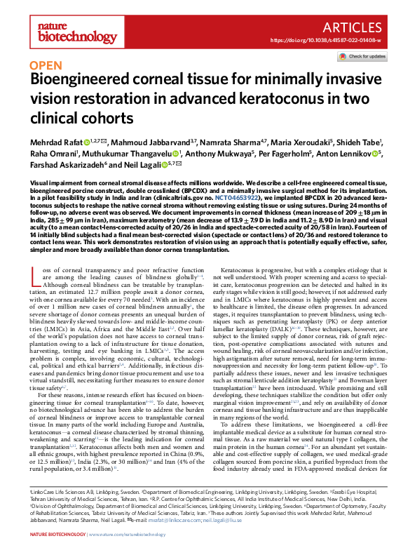 (PDF) Bioengineered corneal tissue for minimally invasive vision ...