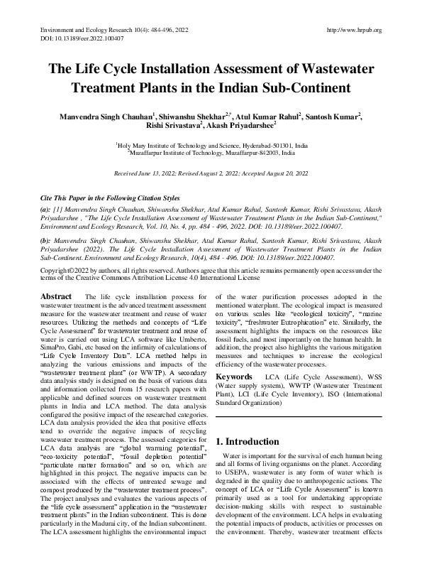 (PDF) The Life Cycle Installation Assessment of Wastewater Treatment ...