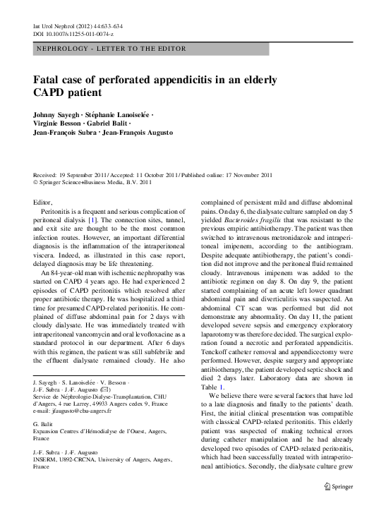 (PDF) Fatal case of perforated appendicitis in an elderly CAPD patient