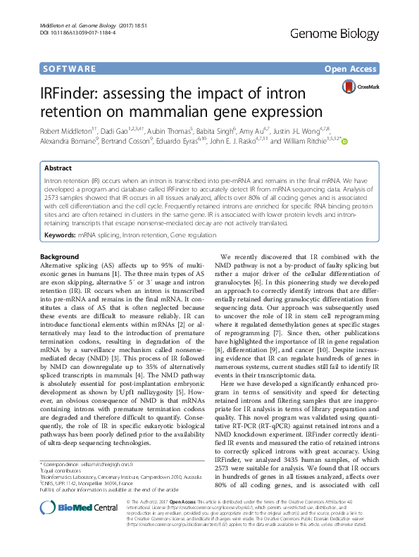 (PDF) IRFinder: assessing the impact of intron retention on mammalian ...
