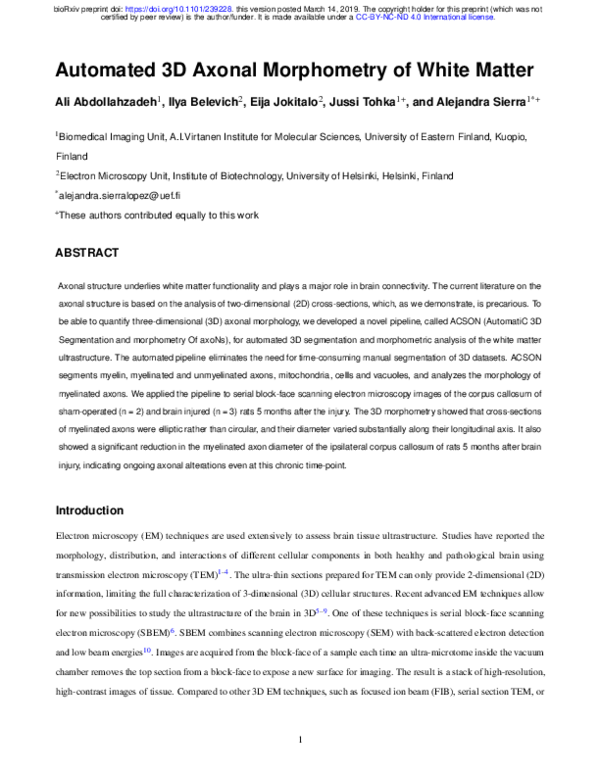 (PDF) Automated 3D Axonal Morphometry of White Matter