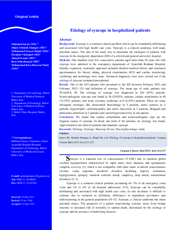 (PDF) Etiology of syncope in hospitalized patients