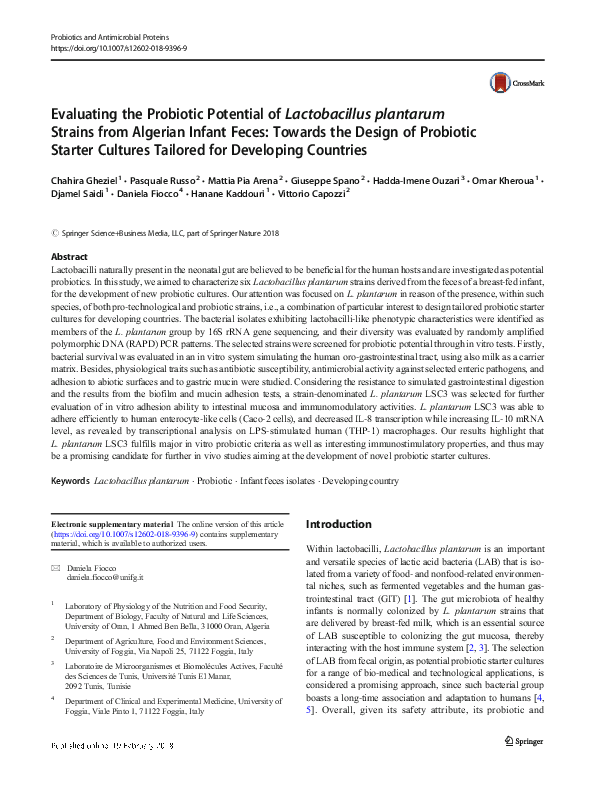 (PDF) Evaluating the Probiotic Potential of Lactobacillus plantarum Strains from Algerian Infant ...